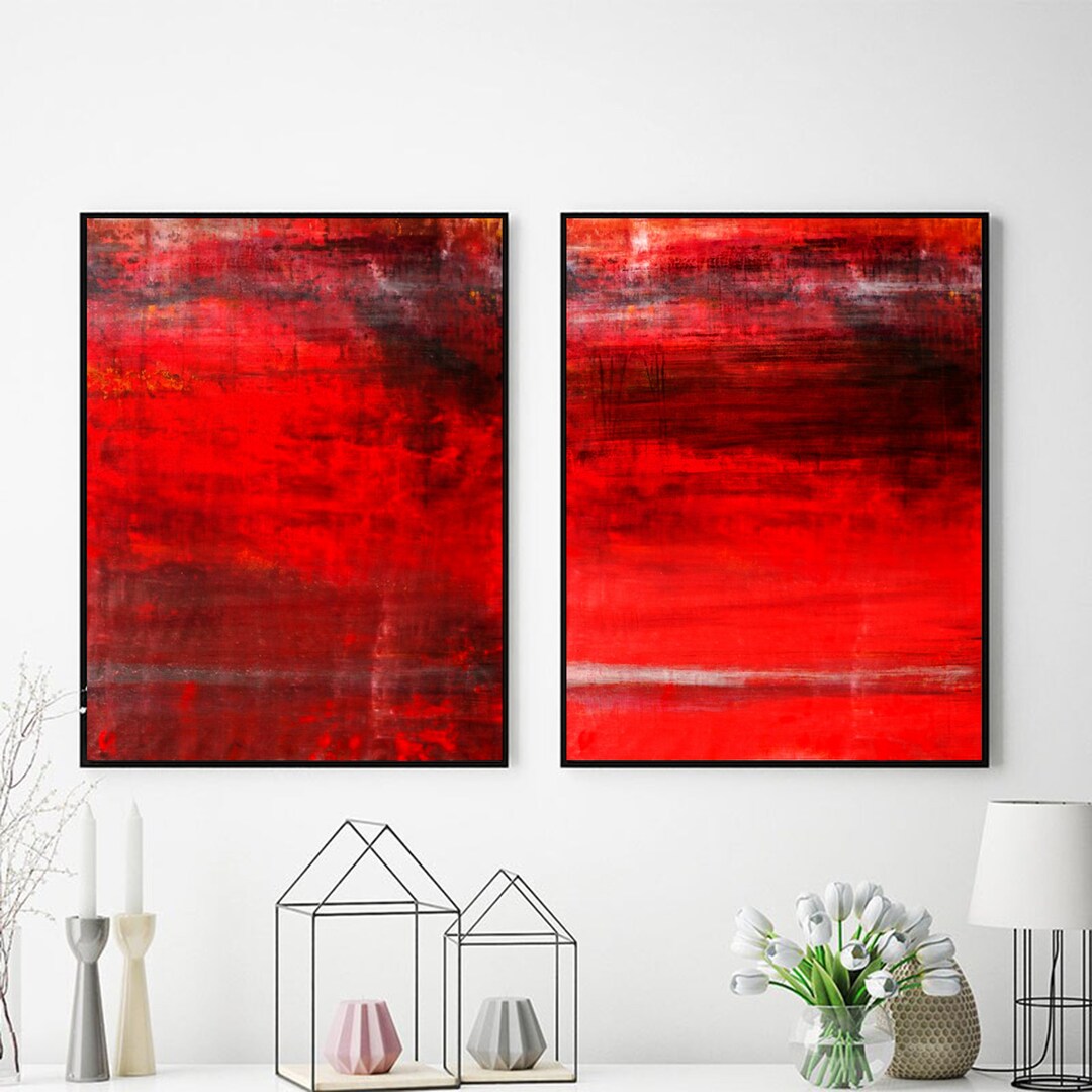Red abstract art print, Set print of two, Abstract wall decor, Extra ...