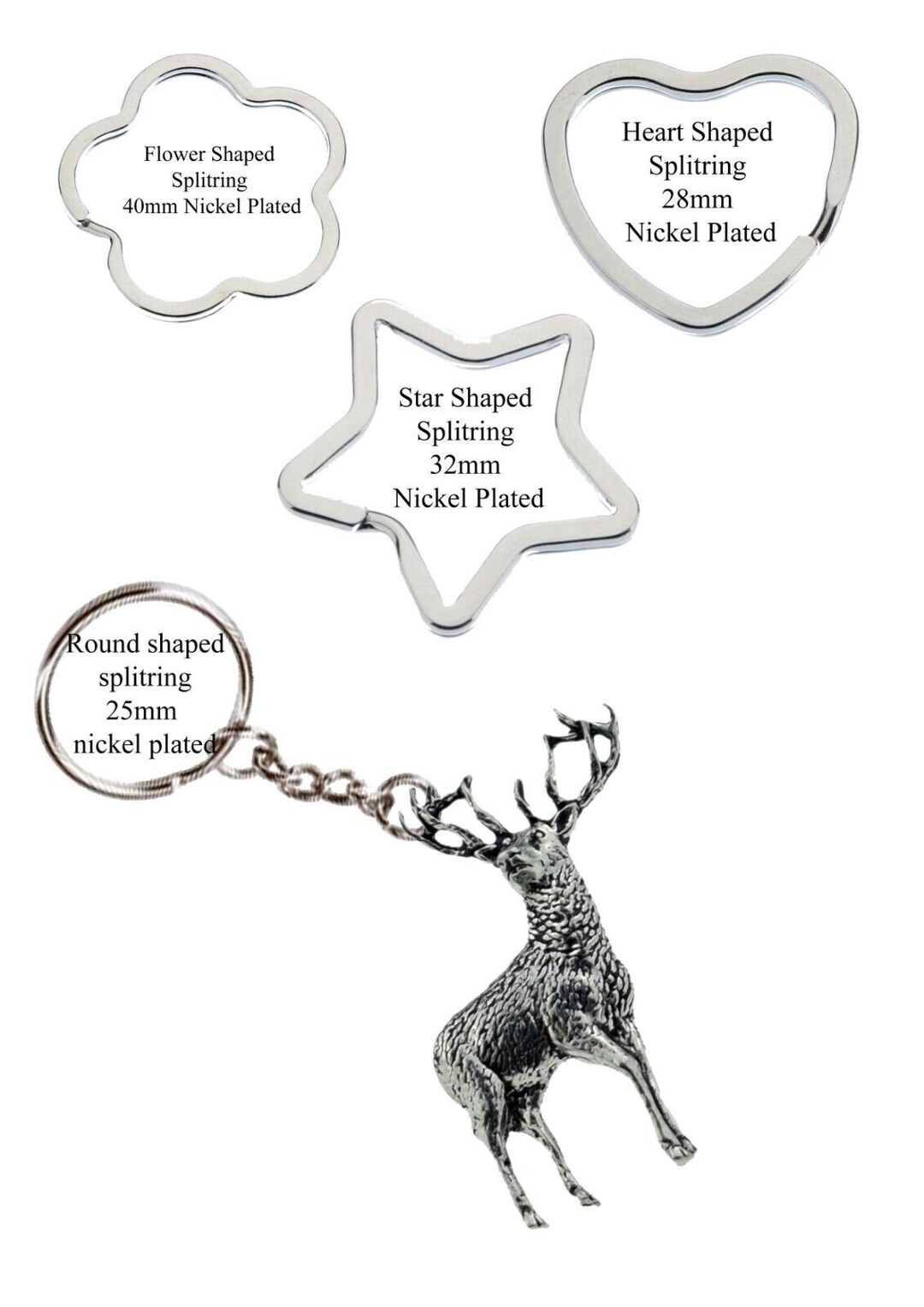 Standing Stag on a Split Ring Keying in 4 Style Star Flower Round Heart ...