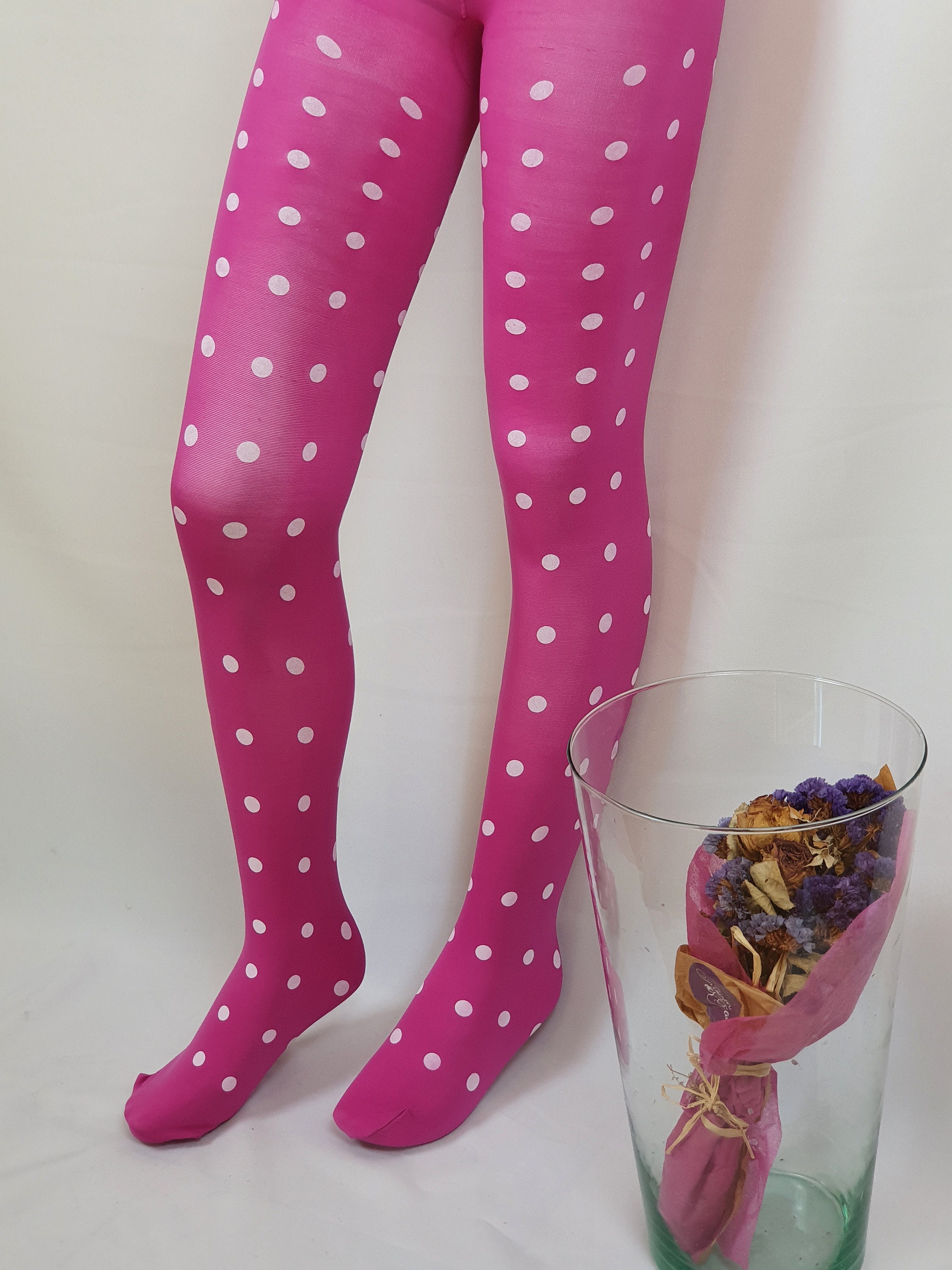 Fuchsia Tights for Women With Printed White Polka Dots - Etsy UK