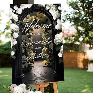 Black Welcome Sign, White Floral Wedding Welcome Sign, Dark Welcome ...