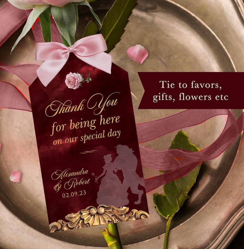 Beauty and the Beast Tag, Beauty and the Beast Favor, Burgundy Wedding ...