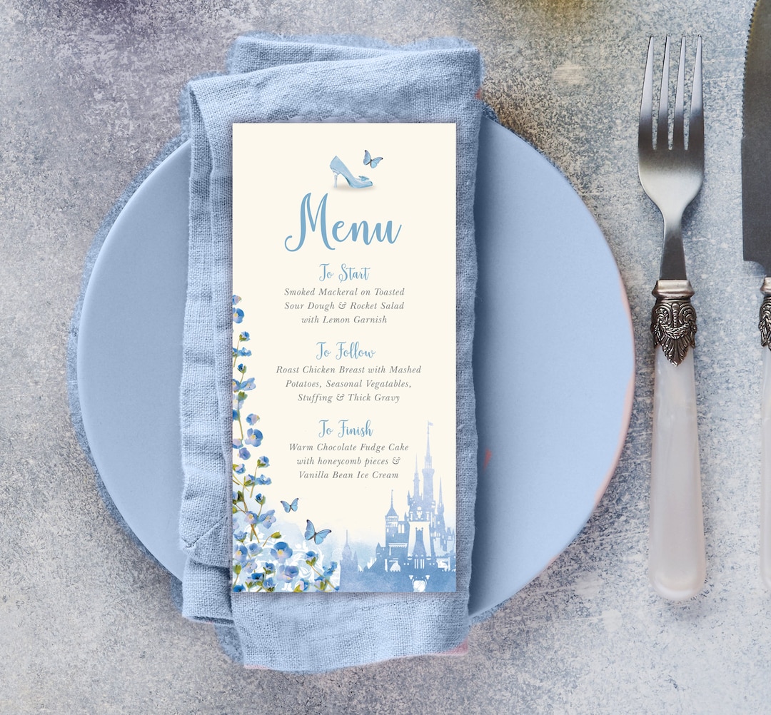 Cinderella Menu, Digital Wedding Menu, Blue Editable Menu, Dusty Blue ...