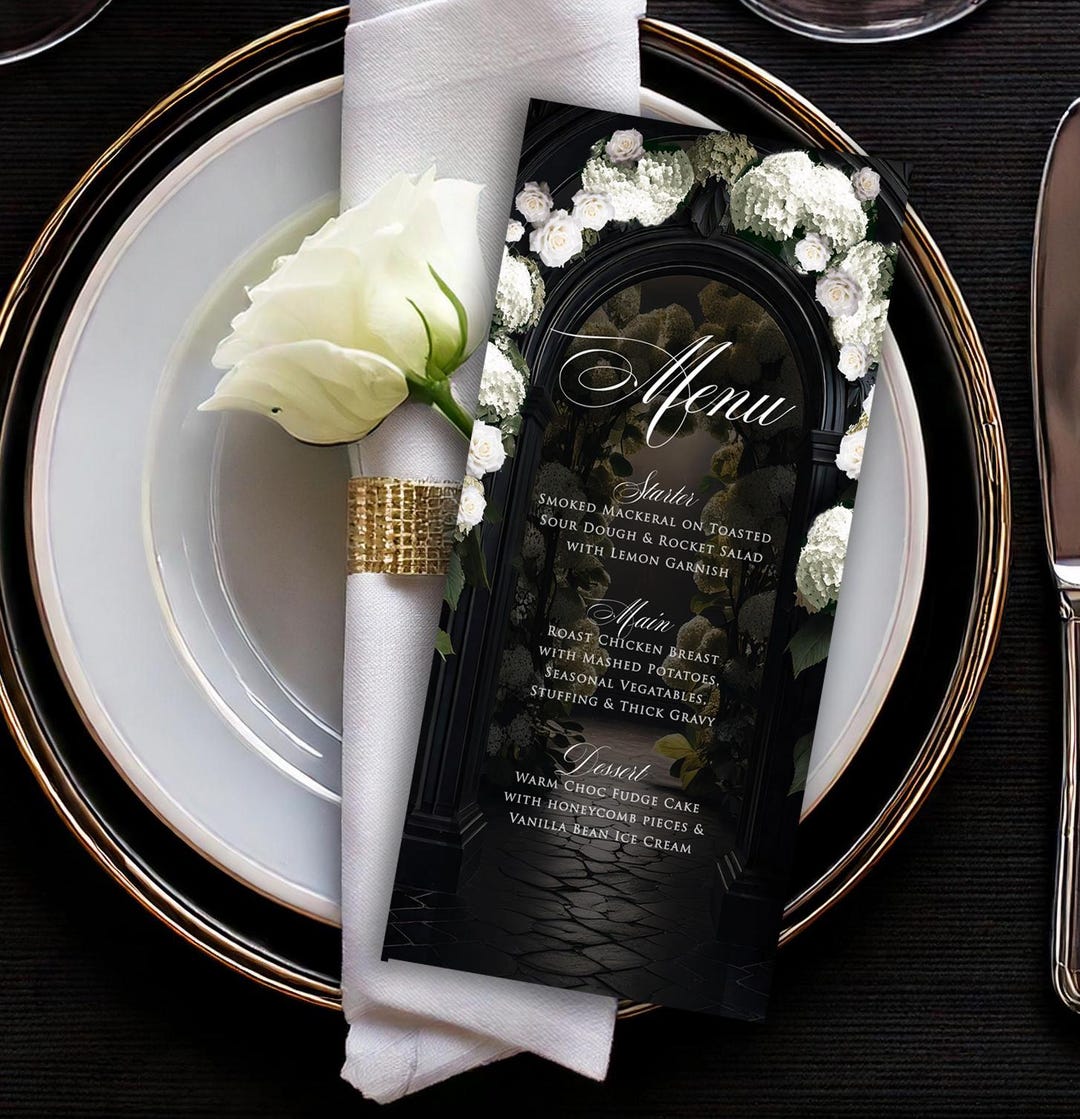 Dark Wedding Menu, Black and White Menu, Black Arch Menu, Dark Floral ...