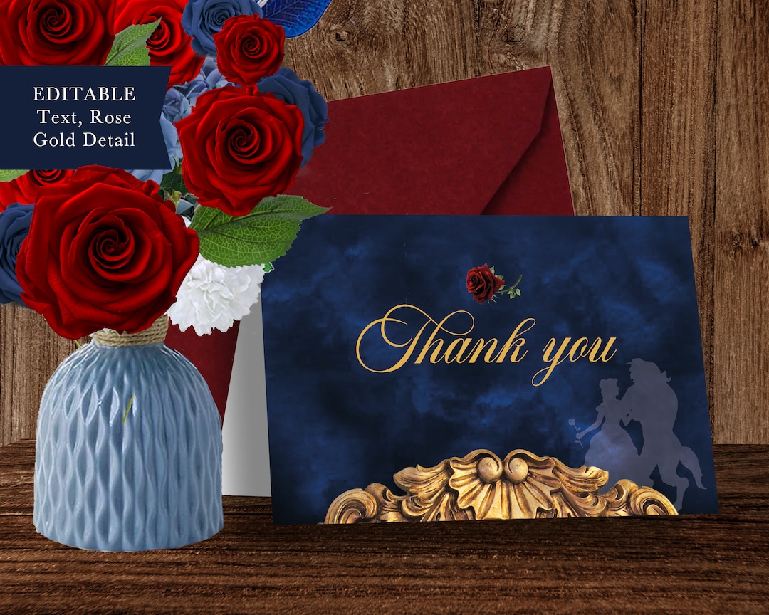 Beauty and the Beast Thank You Card, Digital Wedding Card, Navy Thank ...