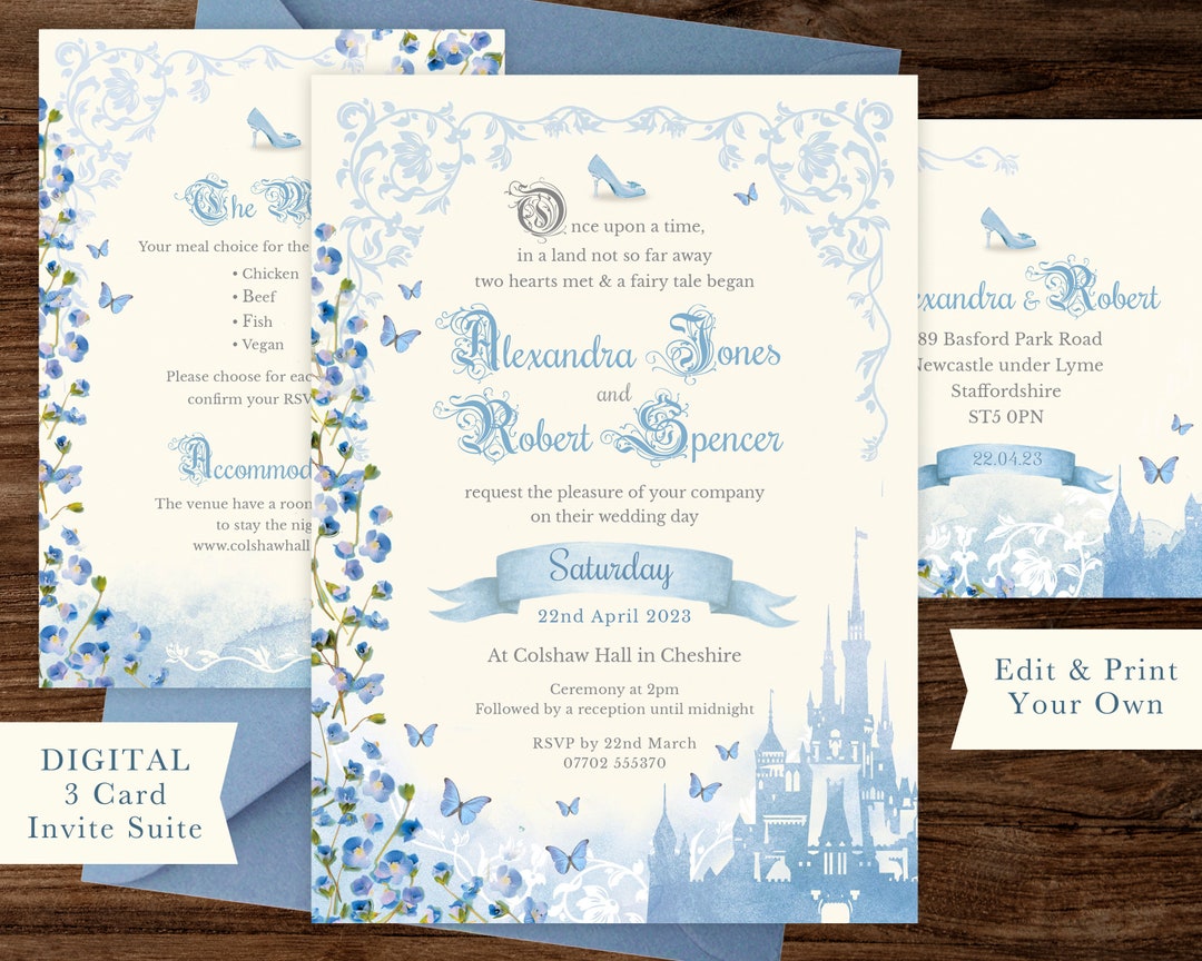 Cinderella Wedding Invitation, Blue Digital Wedding Invite, Fairytale ...