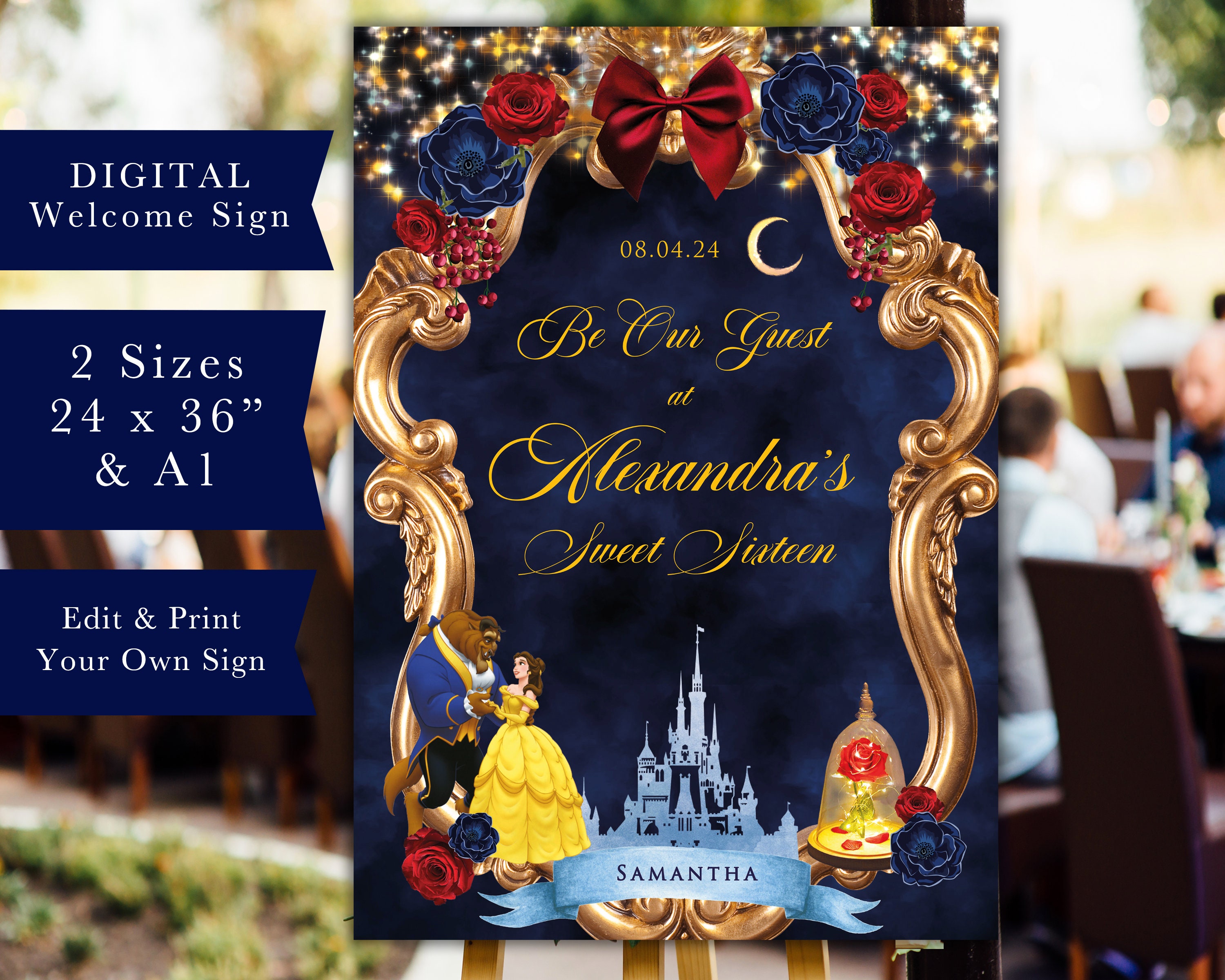 Beauty and the Beast Welcome Sign, Birthday, Quinceanera Party, Sweet ...