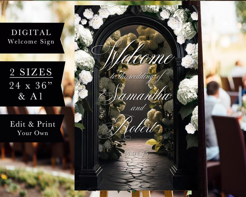 Black Welcome Sign, White Floral Wedding Welcome Sign, Dark Welcome ...