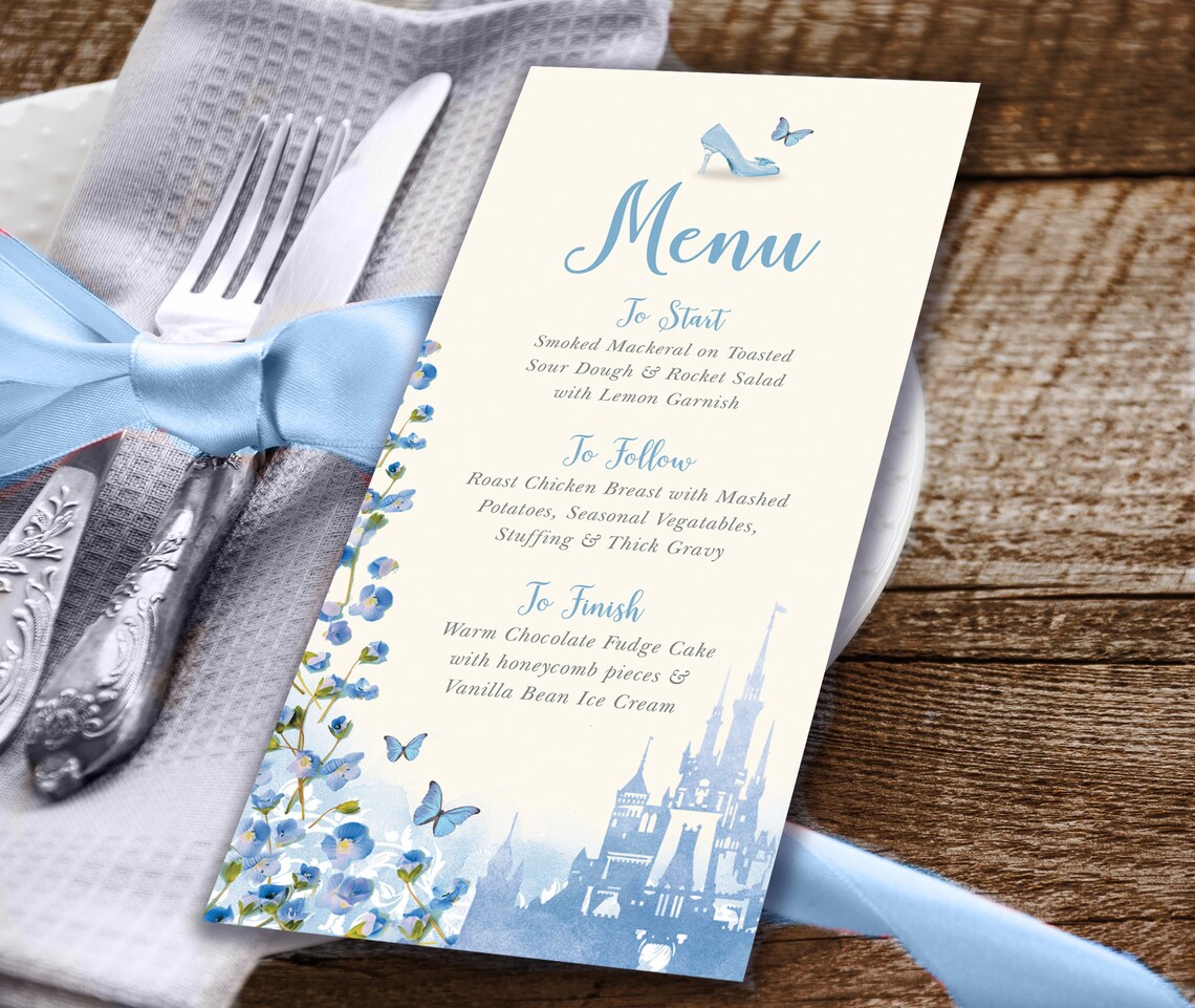 Cinderella Menu, Digital Wedding Menu, Blue Editable Menu, Dusty Blue ...