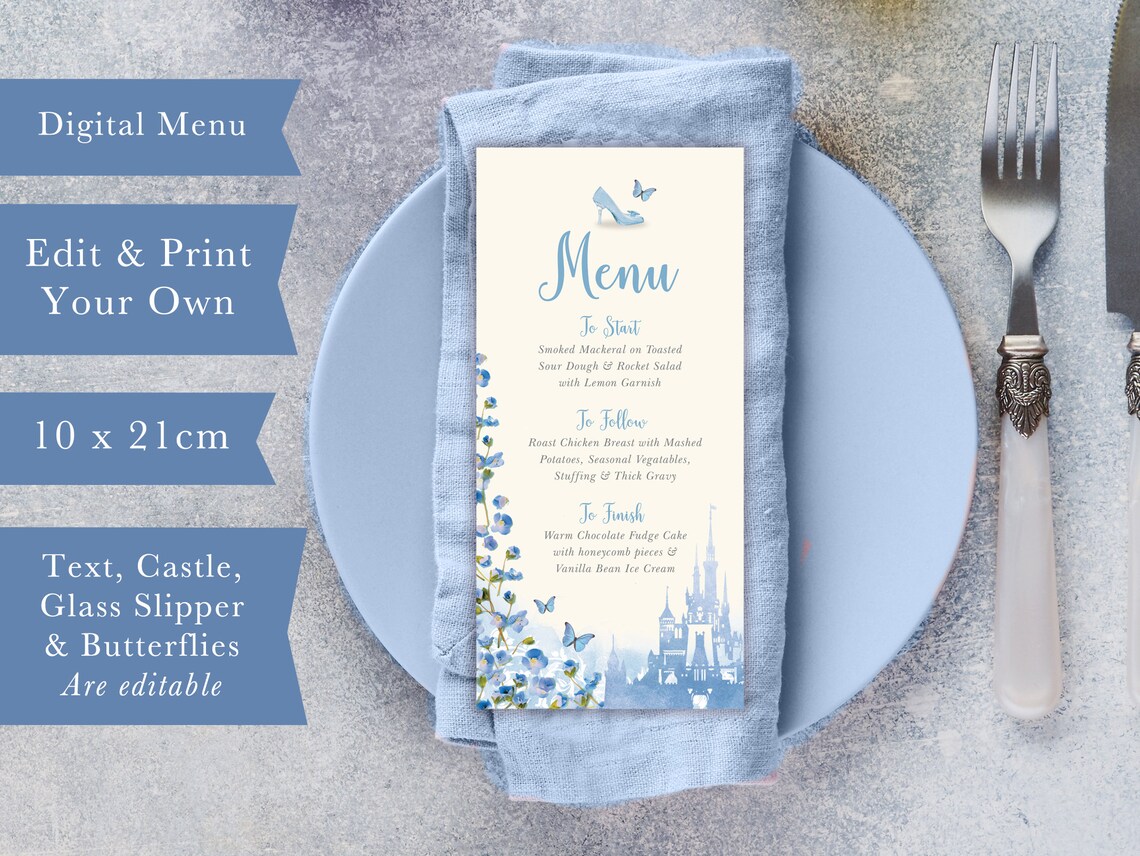 Cinderella Menu, Digital Wedding Menu, Blue Editable Menu, Dusty Blue ...