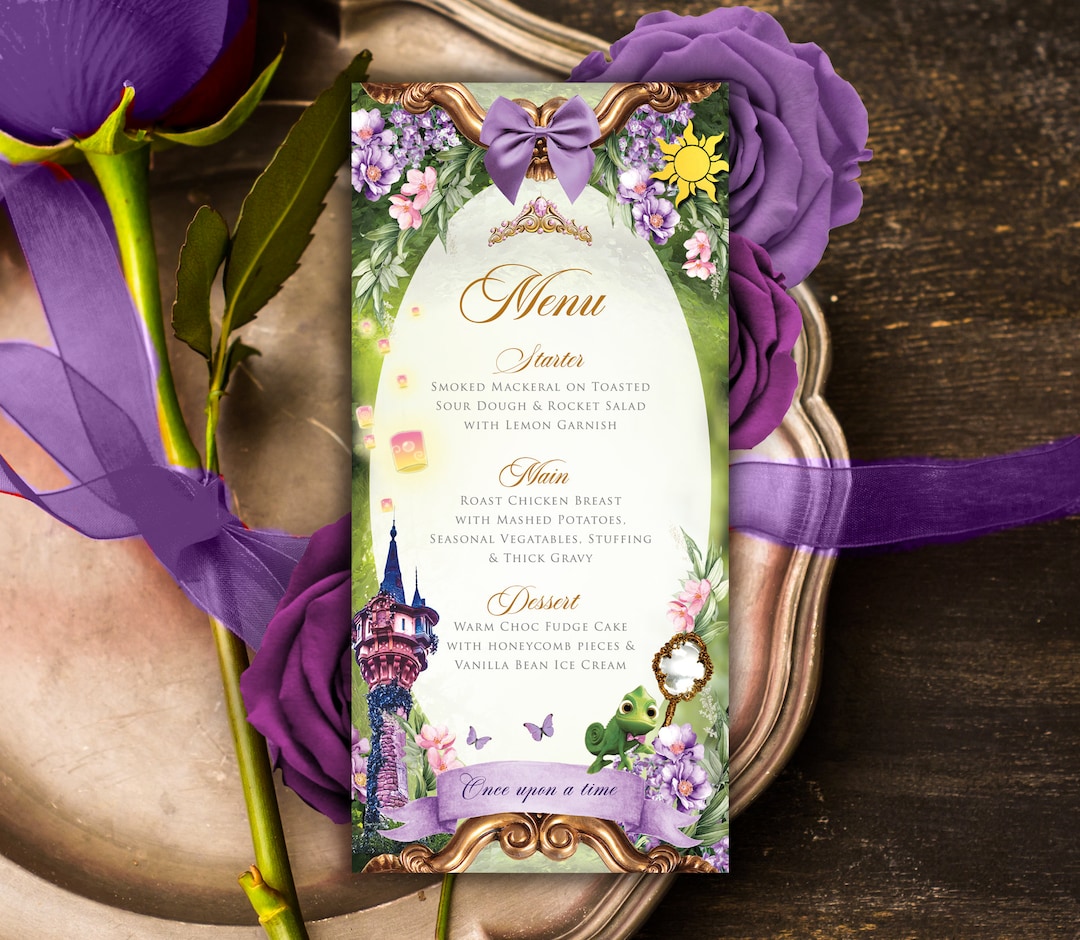 Tangled Menu, Quinceanera Tangled Menu, Tangled Wedding Menu, Purple ...