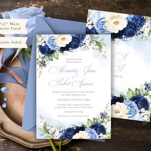 Blue Floral Invitation, Blue Flower Invite, Dusty Blue Wedding Invite ...