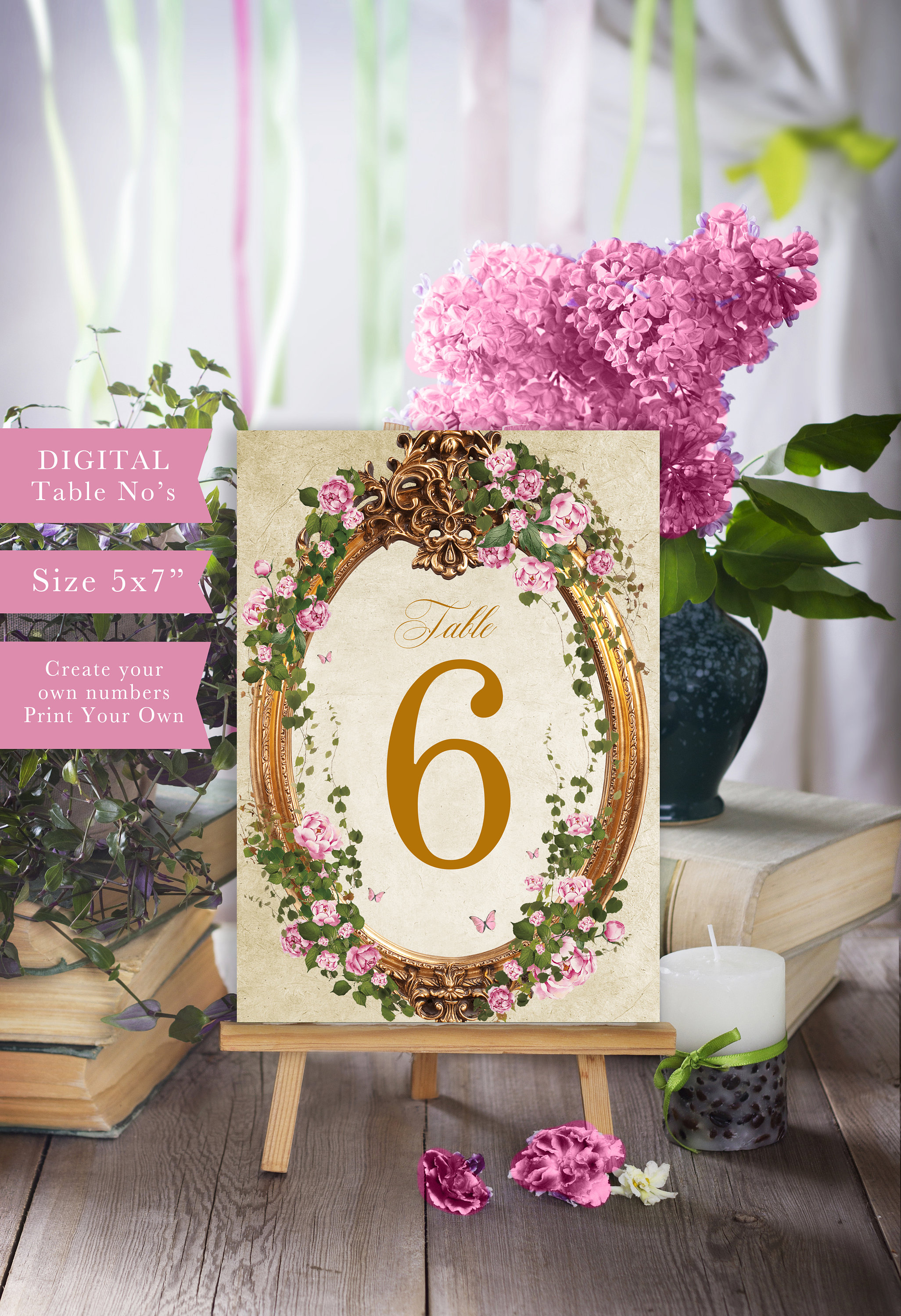Mirror Table Number, Pink Roses Table Number, Fairytale Table Number ...
