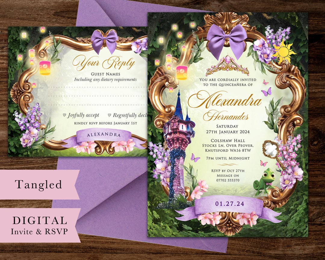 Tangled Invitation, Tangled Quinceanera Invite, Tangled RSVP Card ...
