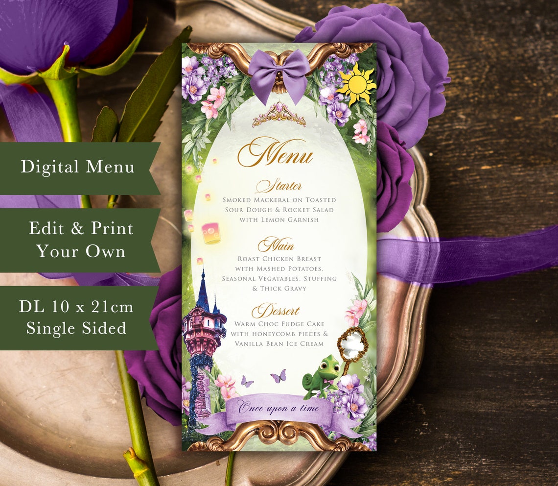 Tangled Menu, Quinceanera Tangled Menu, Tangled Wedding Menu, Purple ...