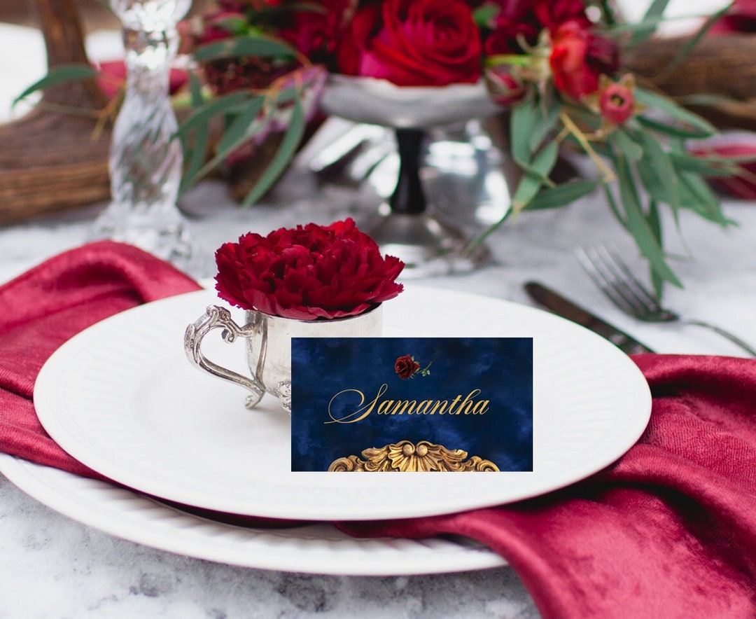 Beauty and the Beast Place Card, Digital Navy Wedding Place Card ...