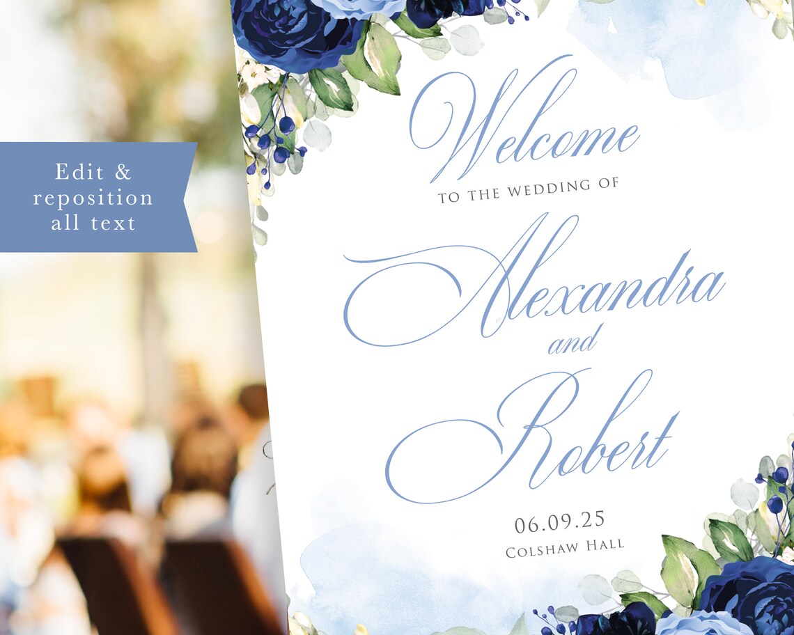 Blue Floral Welcome Sign, Blue Wedding Welcome Sign, Blue Flowers Sign ...