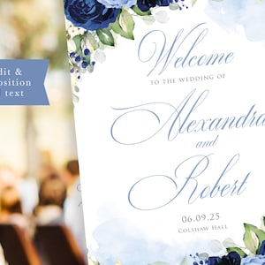 Blue Floral Welcome Sign, Blue Wedding Welcome Sign, Blue Flowers Sign ...