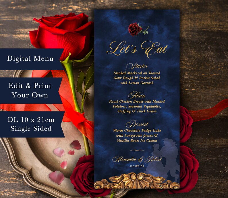 Beauty and the Beast Menu Digital Wedding Menu Navy Wedding - Etsy