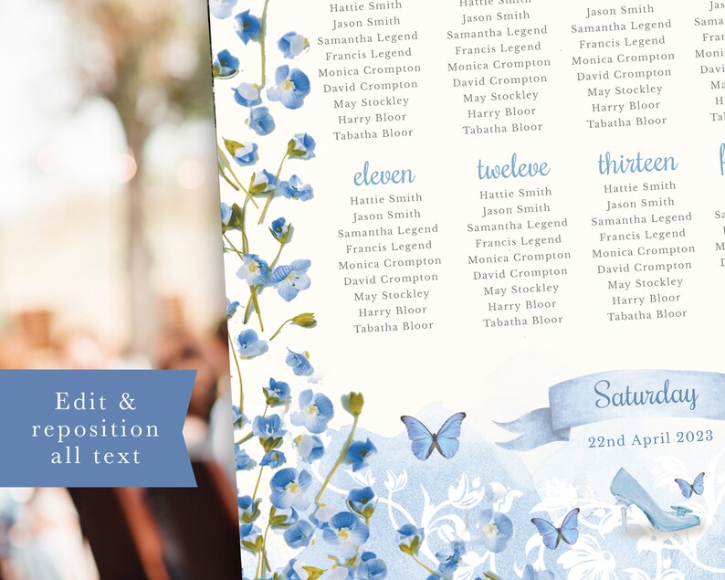 Cinderella Wedding Seating Chart, Princess Blue Table Plan (digital ...