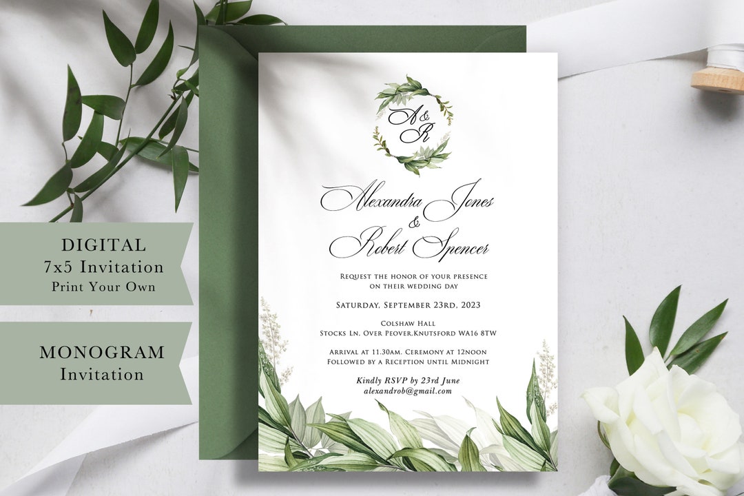 Green Wedding Invitation, Leafy Wedding Invitation, Green Foliage ...