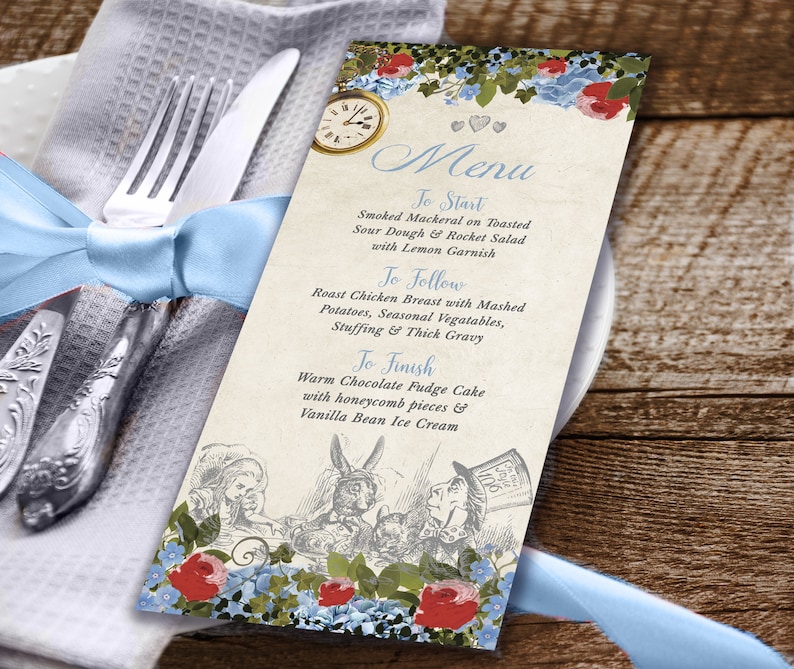 Alice in Wonderland Menu, Alice Digital Wedding Menu, Alice Party Menu ...