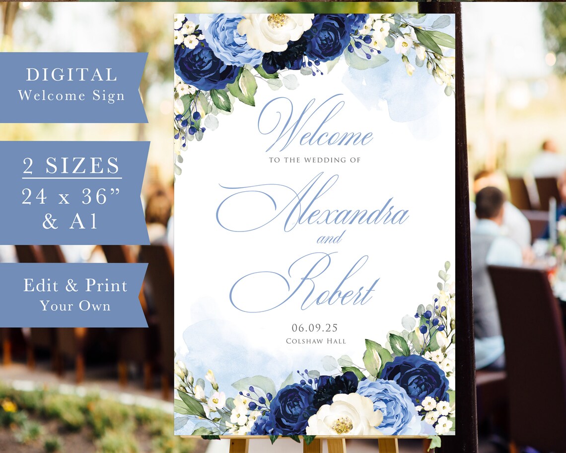 Blue Floral Welcome Sign, Blue Wedding Welcome Sign, Blue Flowers Sign ...