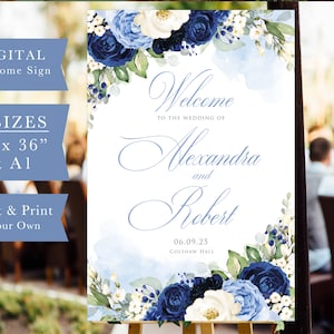 Blue Floral Welcome Sign, Blue Wedding Welcome Sign, Blue Flowers Sign ...