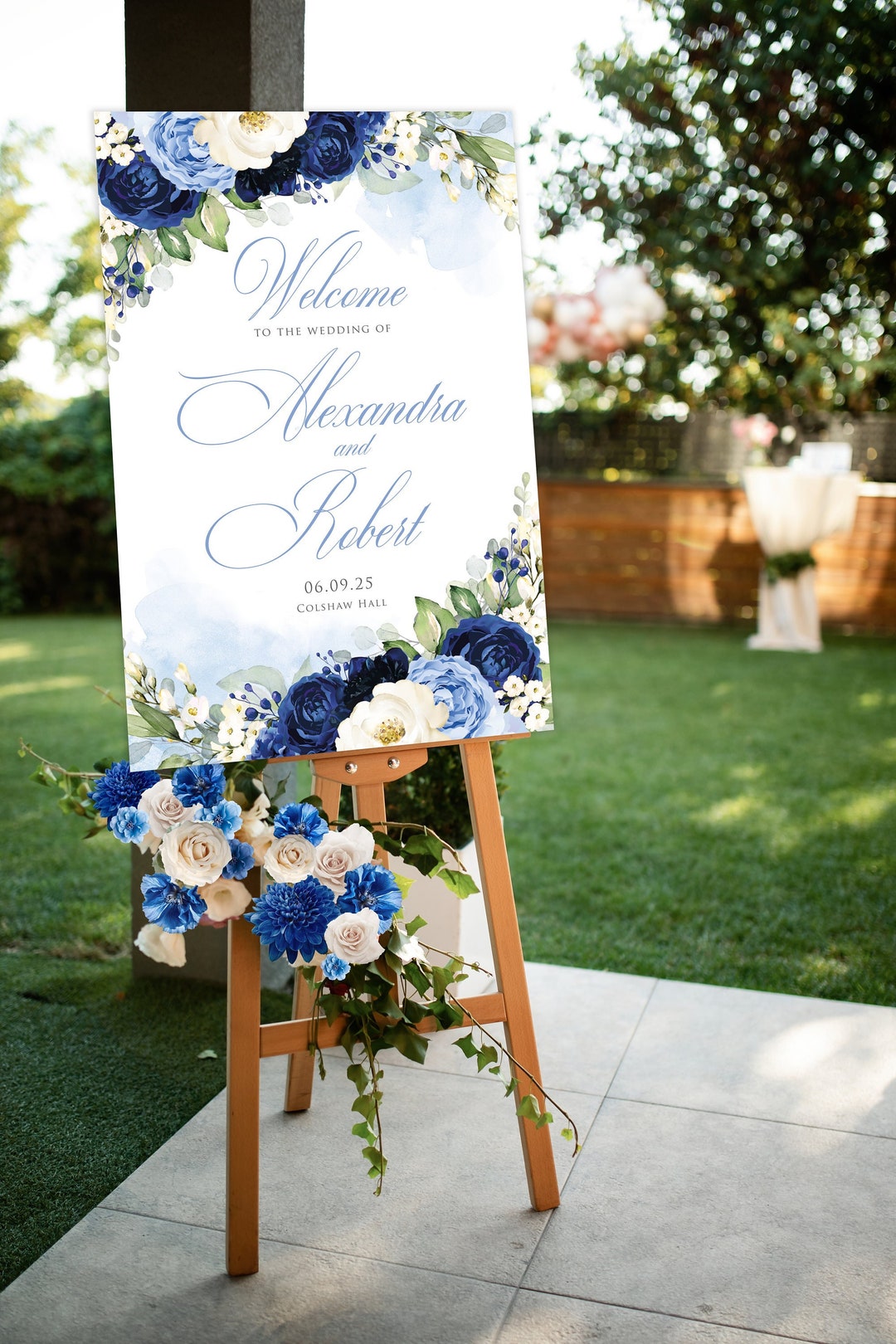 Blue Floral Welcome Sign, Blue Wedding Welcome Sign, Blue Flowers Sign ...
