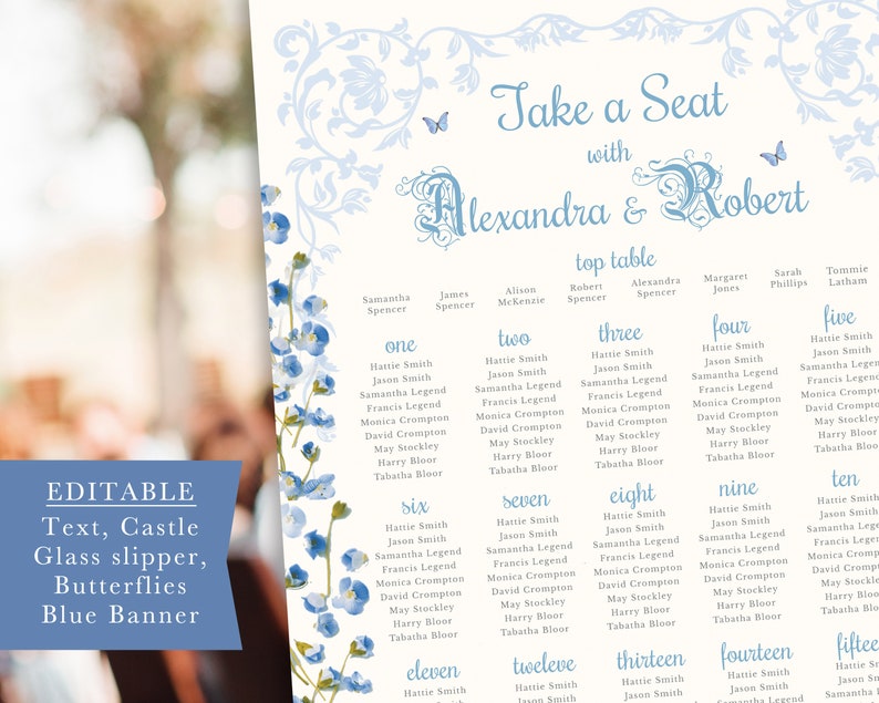 Cinderella Wedding Seating Chart, Princess Blue Table Plan (digital ...