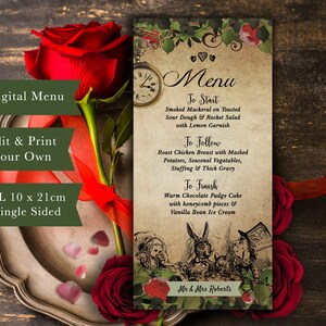 Alice in Wonderland Menu, Digital Wedding Menu, Vintage Wedding Menu ...