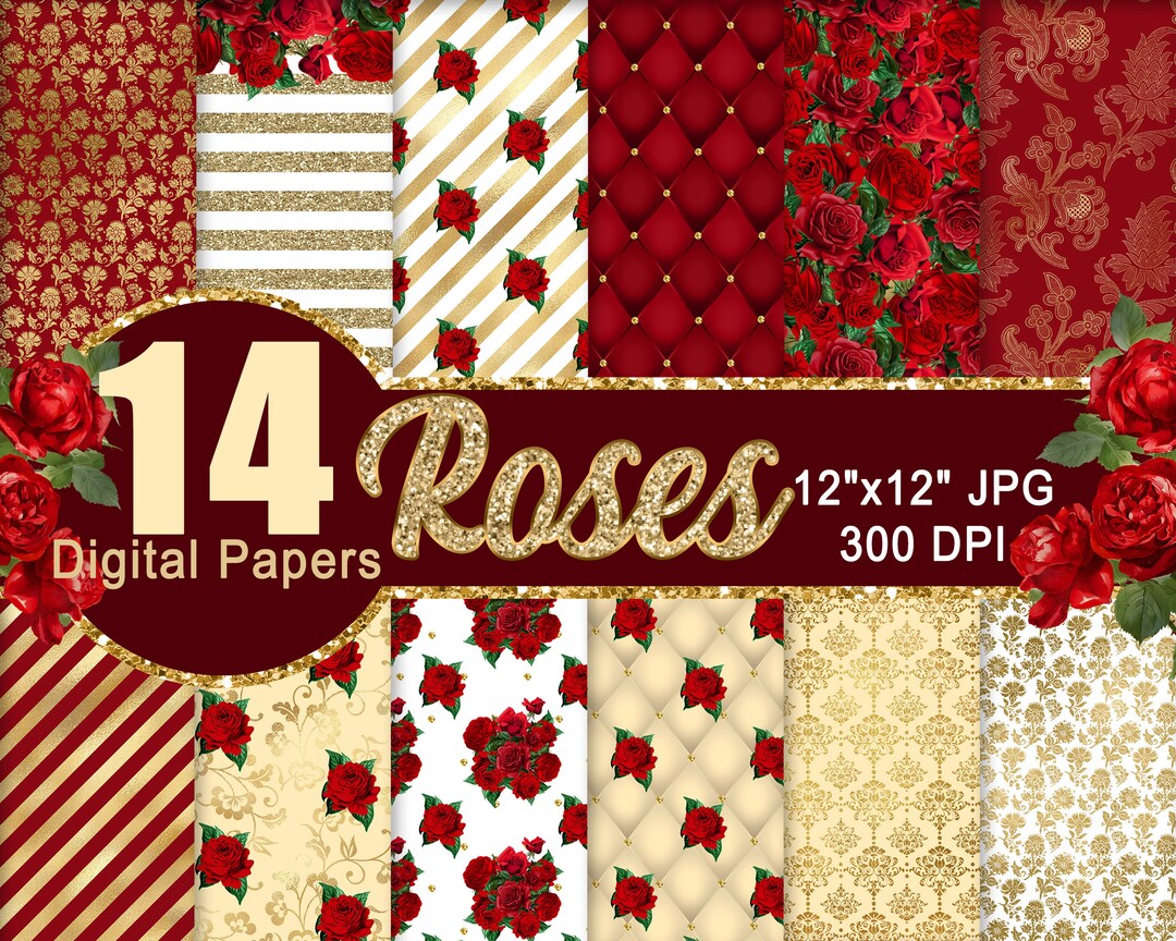 Rose Digital Paper Floral Digital Paper Red and Gold Digital Paper Rose ...