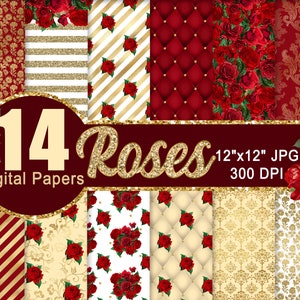 Rose Digital Paper Floral Digital Paper Red and Gold Digital Paper Rose ...