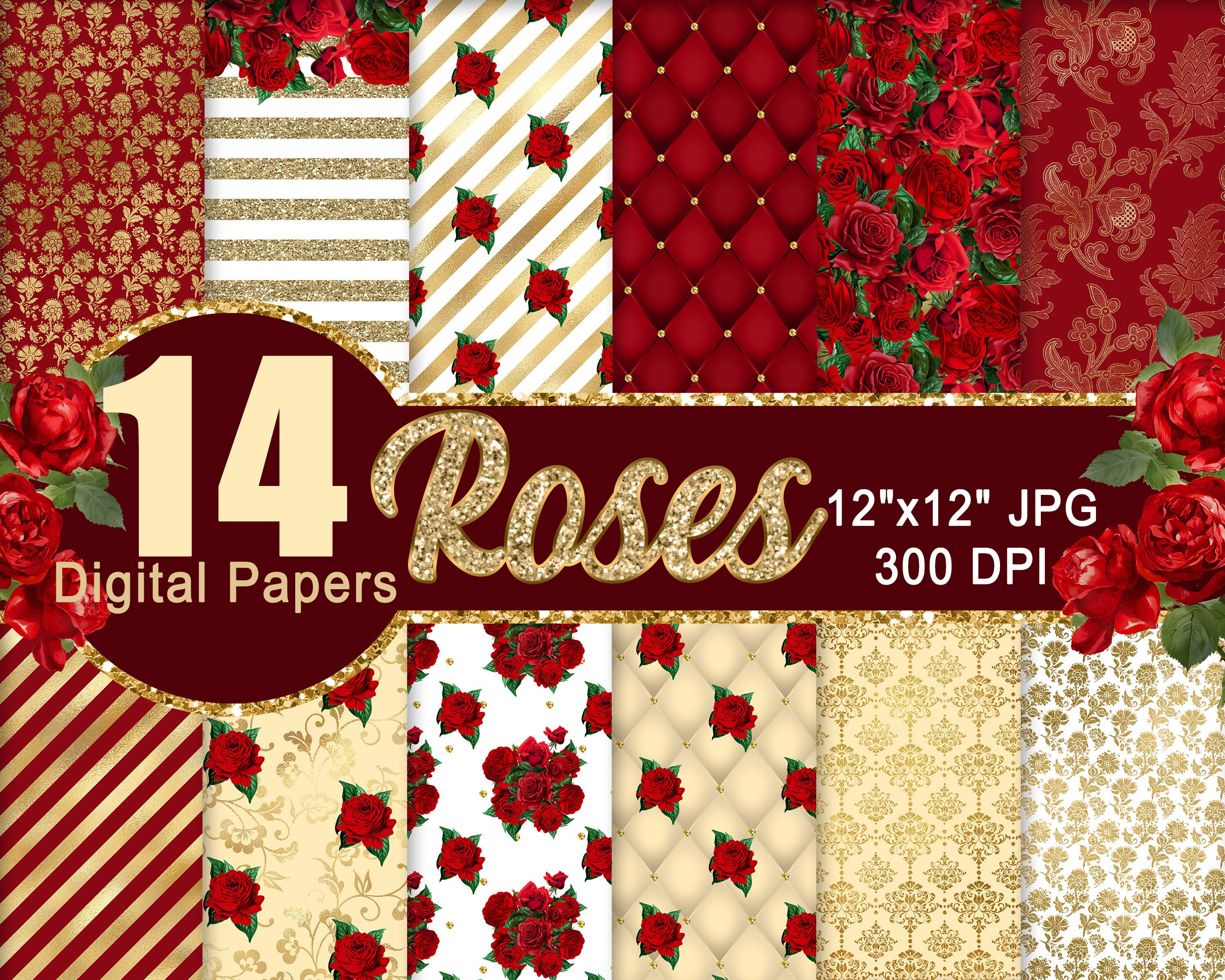 Rose Digital Paper Floral Digital Paper Red and Gold Digital Paper Rose ...