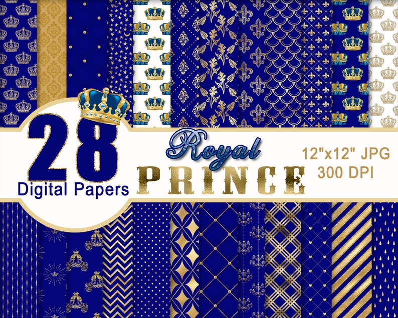 Papel digital azul y dorado / Papel digital Prince / Papel | Etsy México