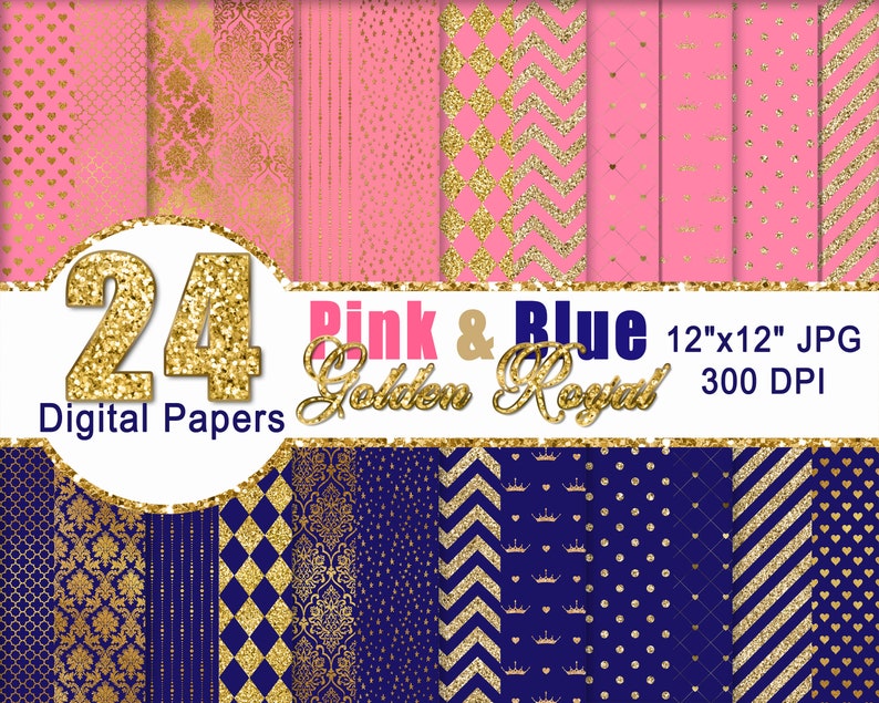 Pink and Gold Digital Paper | Blue and Gold Digital Paper | Royal ...