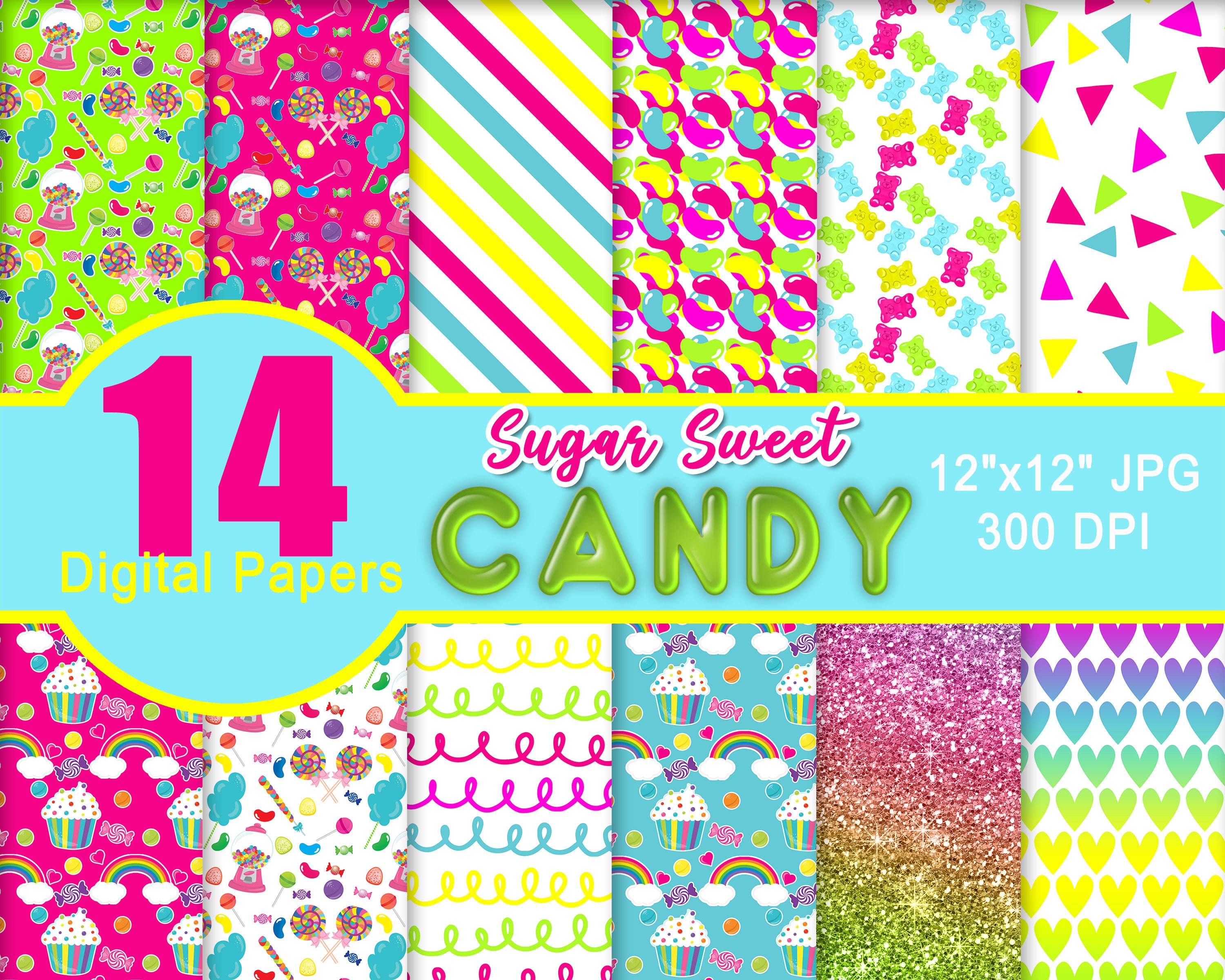 Candy Digital Paper, Gummy Bears, Rainbow, Cupcake, Lolli Pops, Gum ...