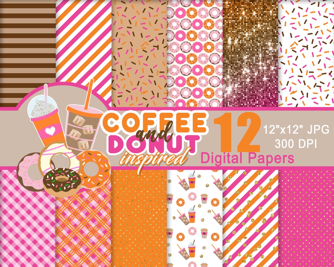 Coffee and Donuts Digital Paper, Pink, Gold, Orange, Printable, Brown ...