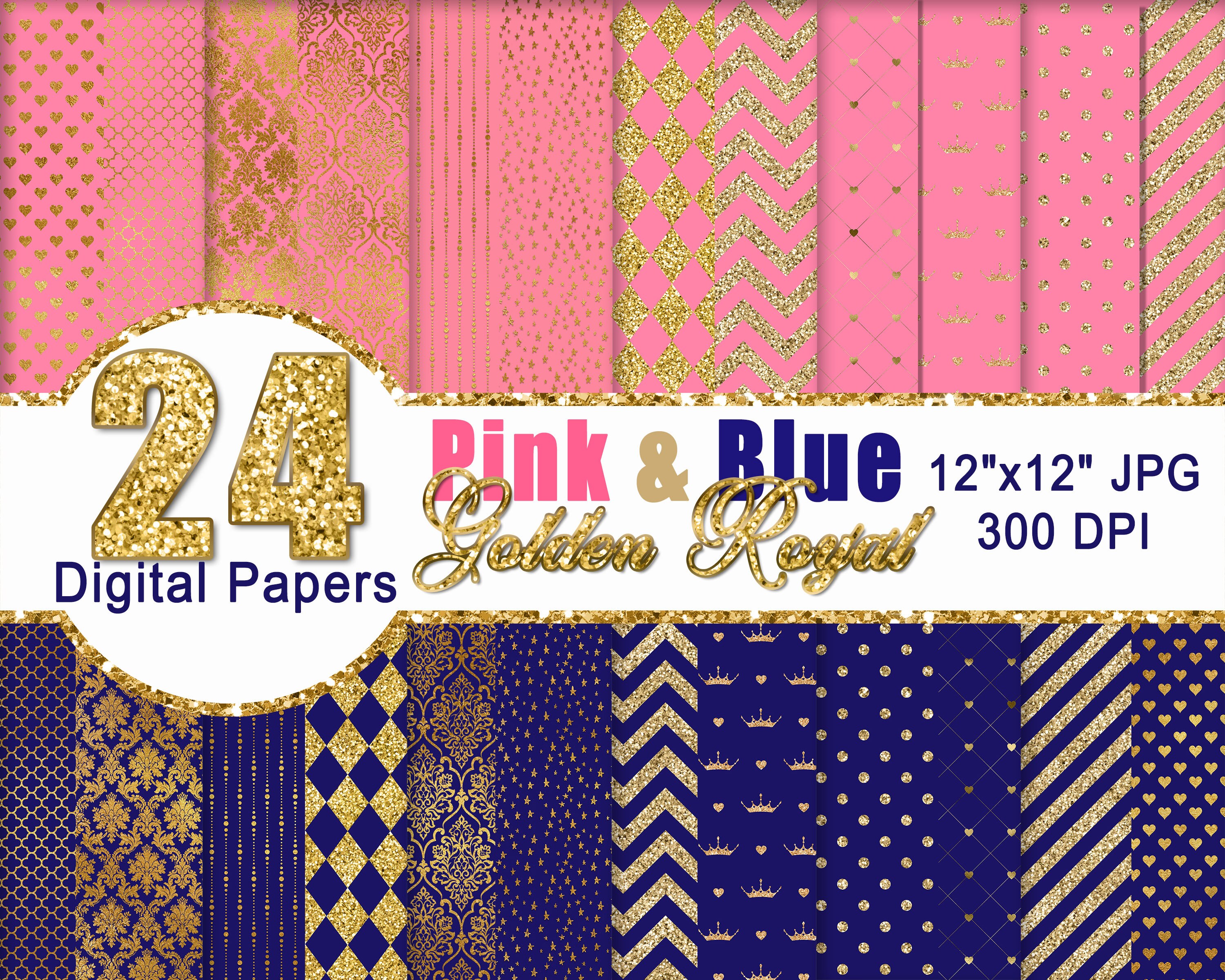 Pink and Gold Digital Paper | Blue and Gold Digital Paper | Royal ...