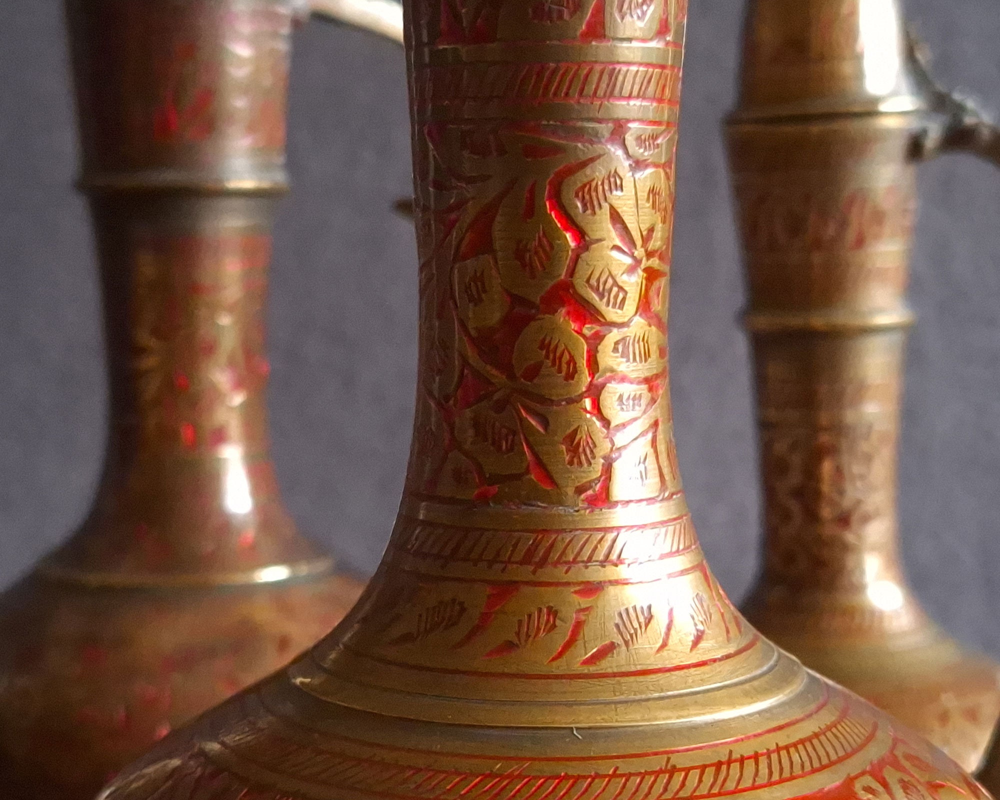 Three Indian Brass Surahi Aftaba Ewers With Traditional Chiselled ...
