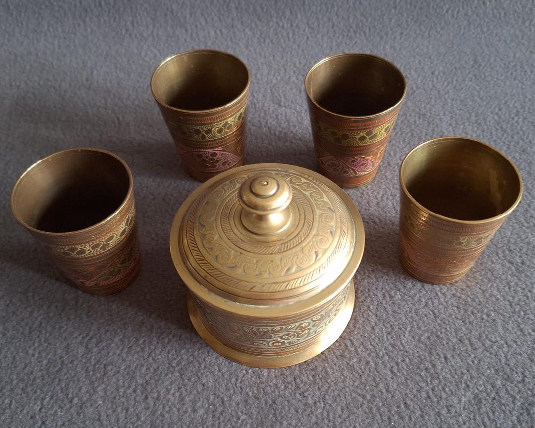 Vintage Engraved Indian Brass Lassi Cups and Indian Brass Pot With Lid ...