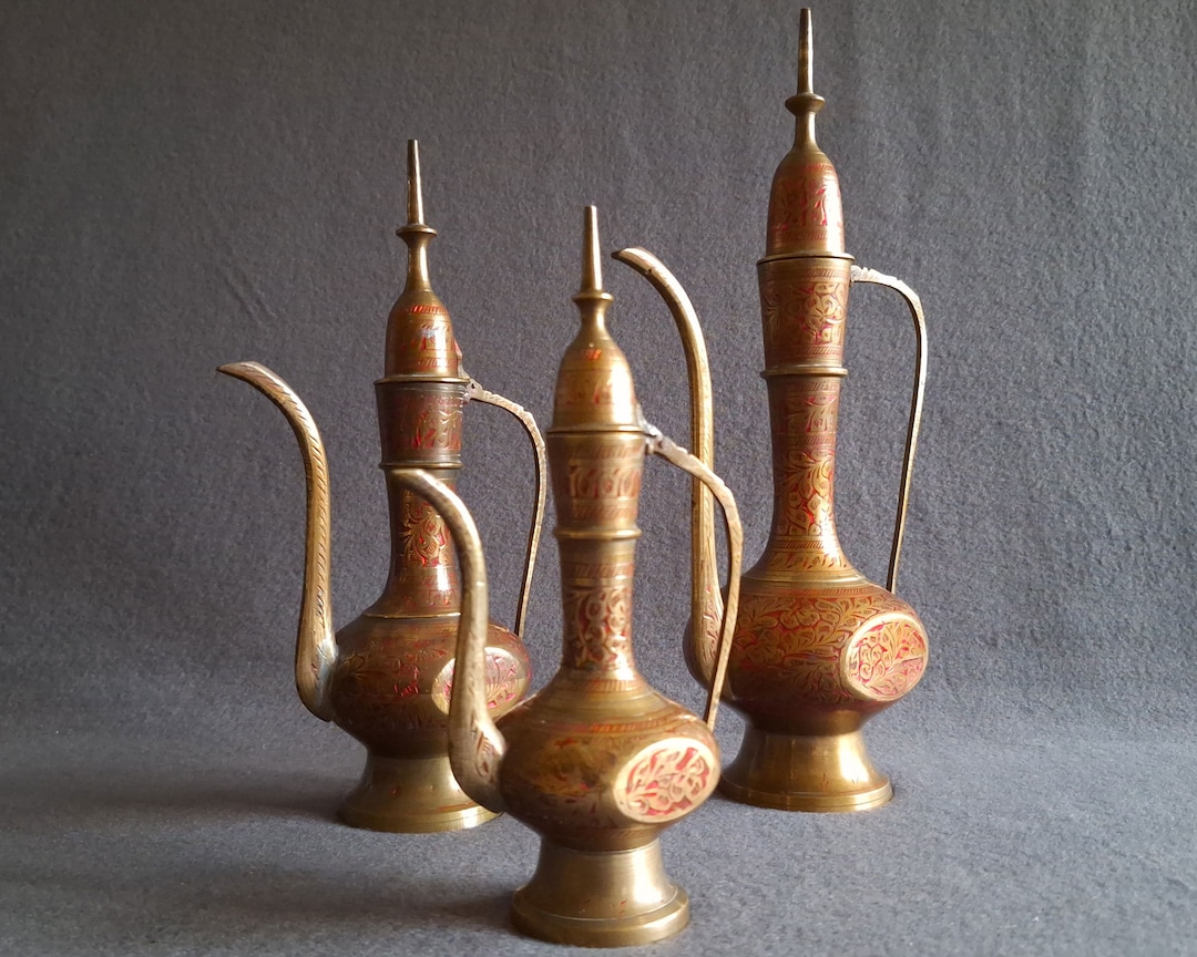 Three Indian Brass Surahi Aftaba Ewers With Traditional Chiselled ...