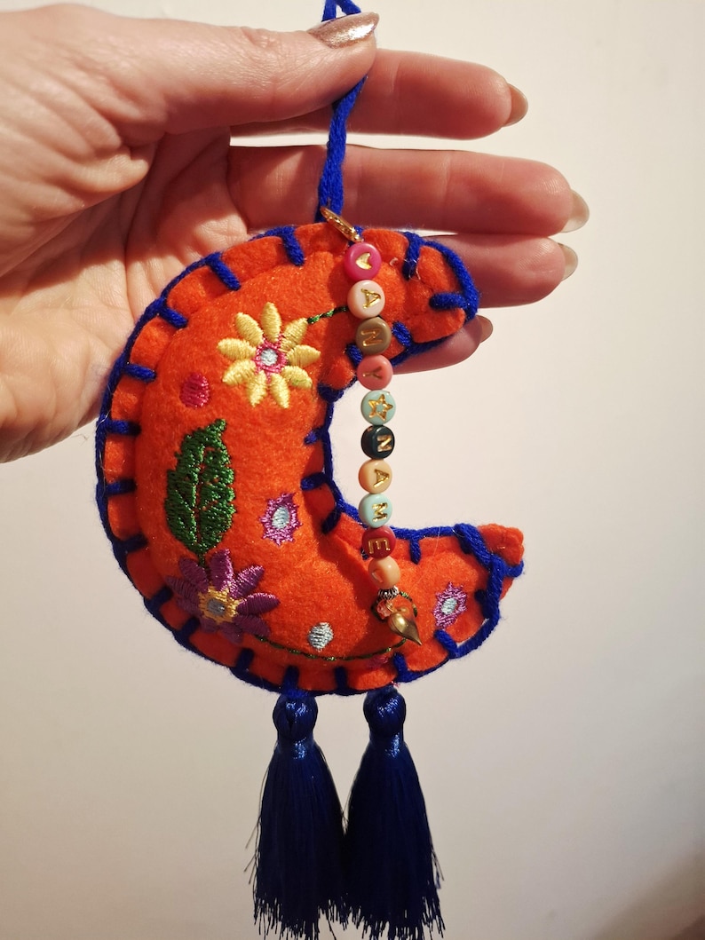 Lucky Moon Hanging Ornament | Personalised Name Charm | Handmade Felt ...