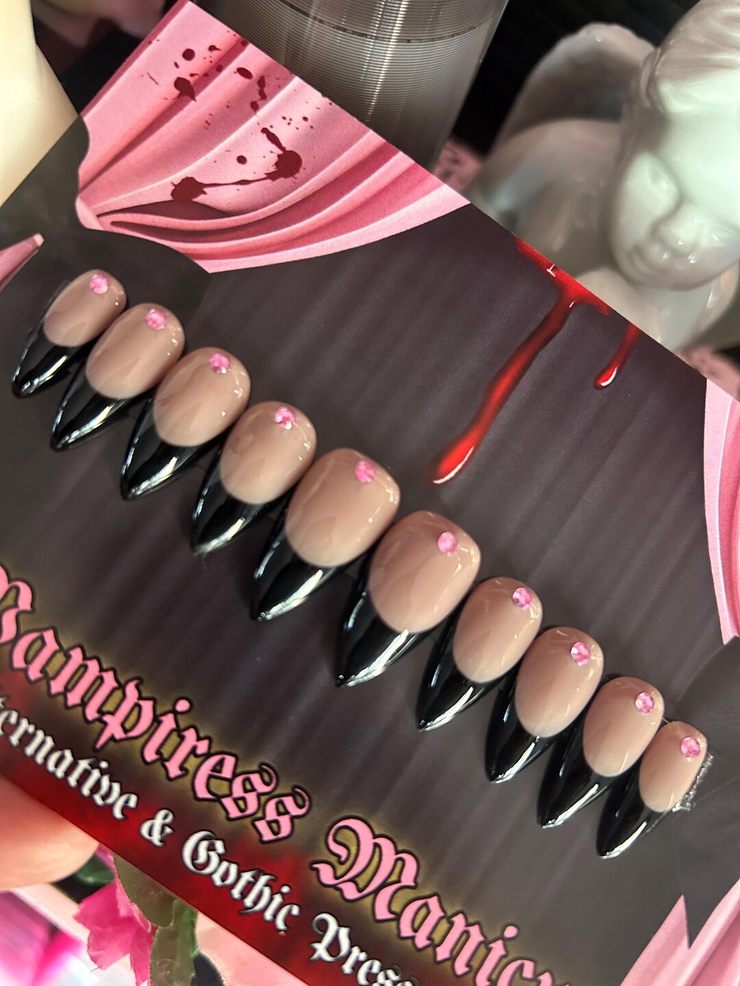 Noir Rose-goth Vampire Black French Manicure Nails -black French Tip ...