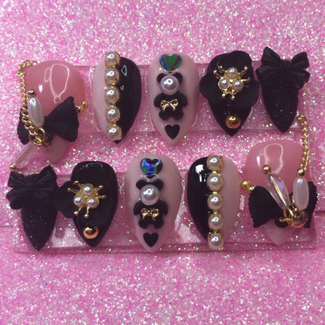 Beary Sweet-pink and Black Pastel Kawaii Goth Press on Nail Set/pink ...