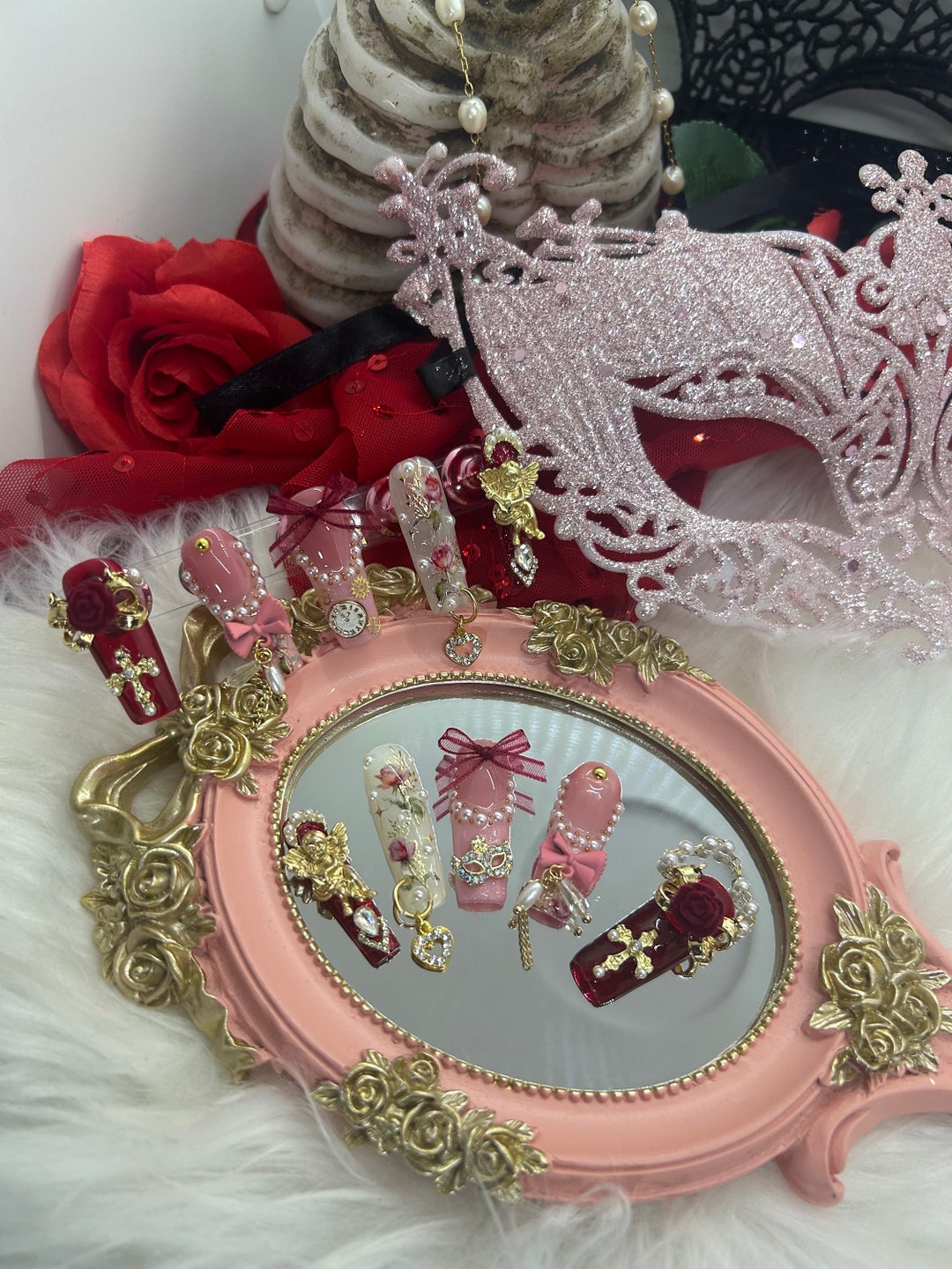 Rococo Masquerade Pink, Red, & Pearl Luxury Press on Nail Set/baroque ...