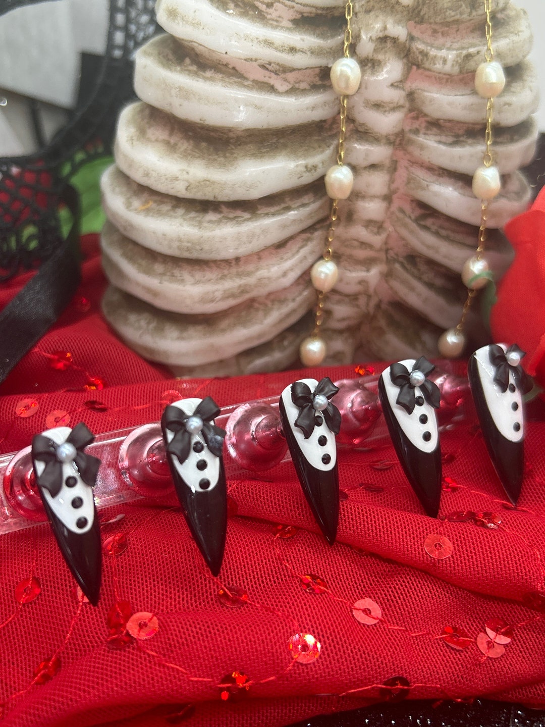 NEW Tuxedo Nails Wedding Tuxedo Goth Nails Gloomy Coquette White and ...