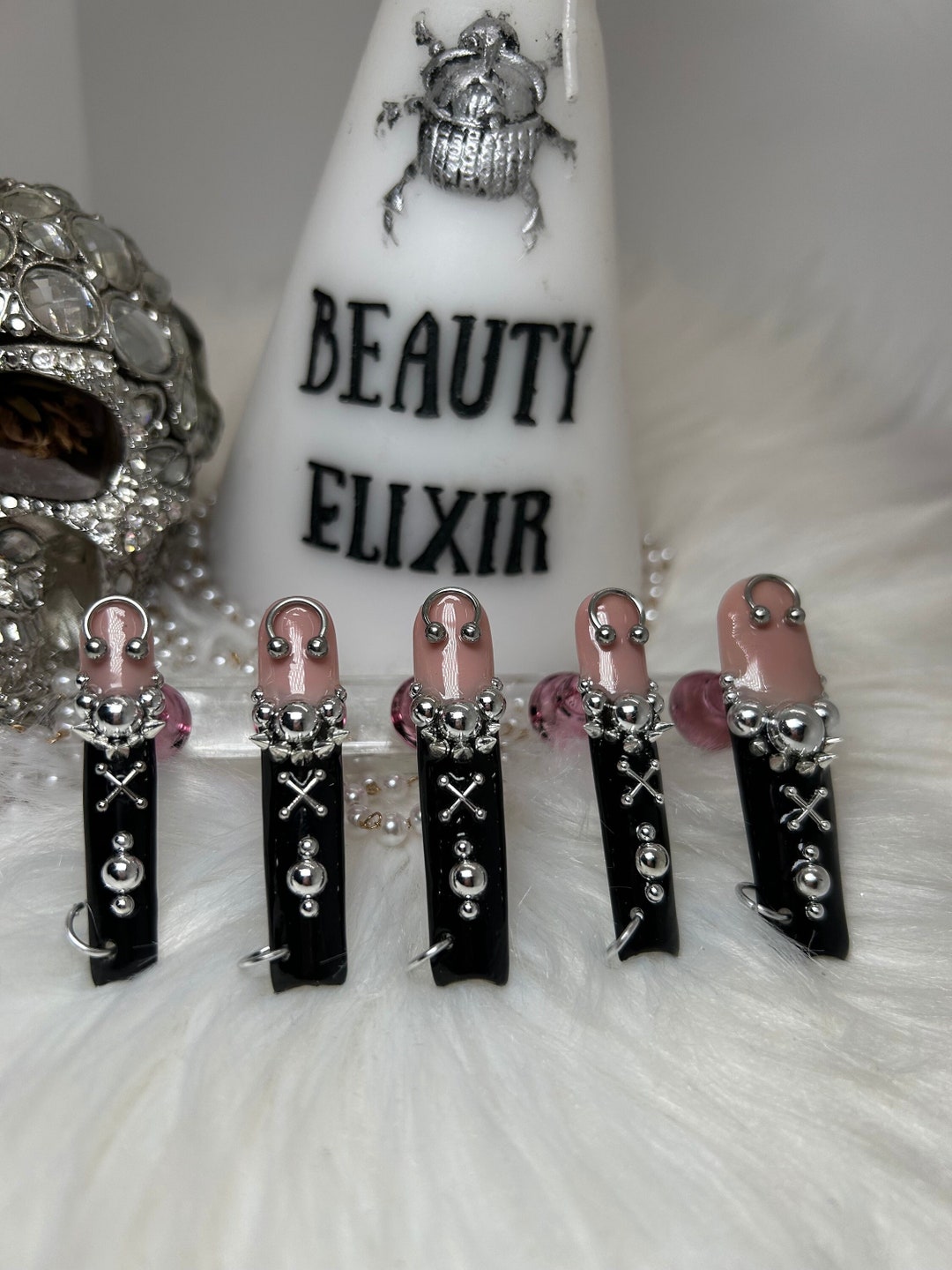 Newrockstar Black & Silver Metal Junk Luxury Press on Nail Set/gothic ...