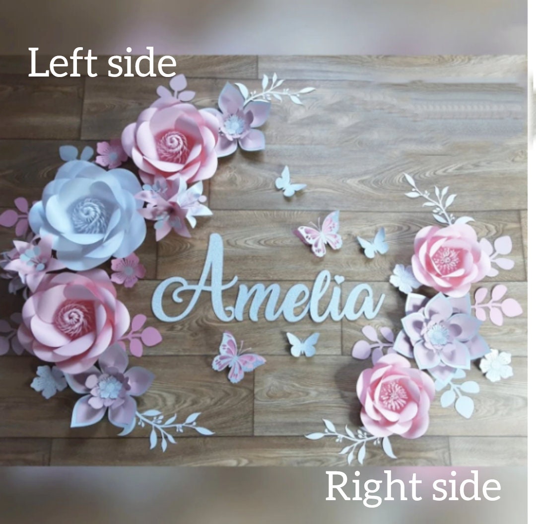 3D Paper Flower Wall Art with Name Dusky Pink, Pastel Pink & Shades of ...