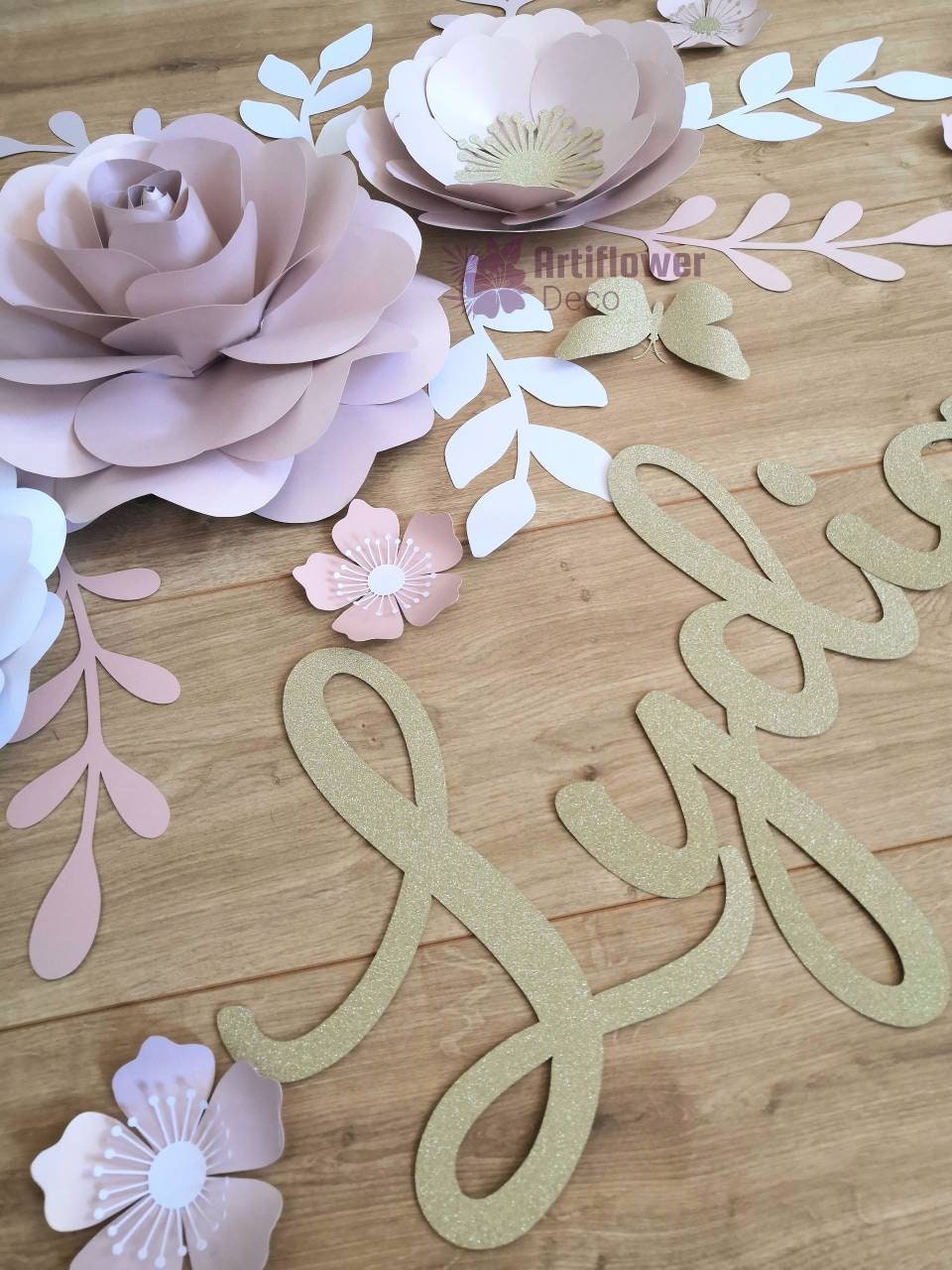 Rose Gold Paper Flower Wall Decor With Name | Etsy UK