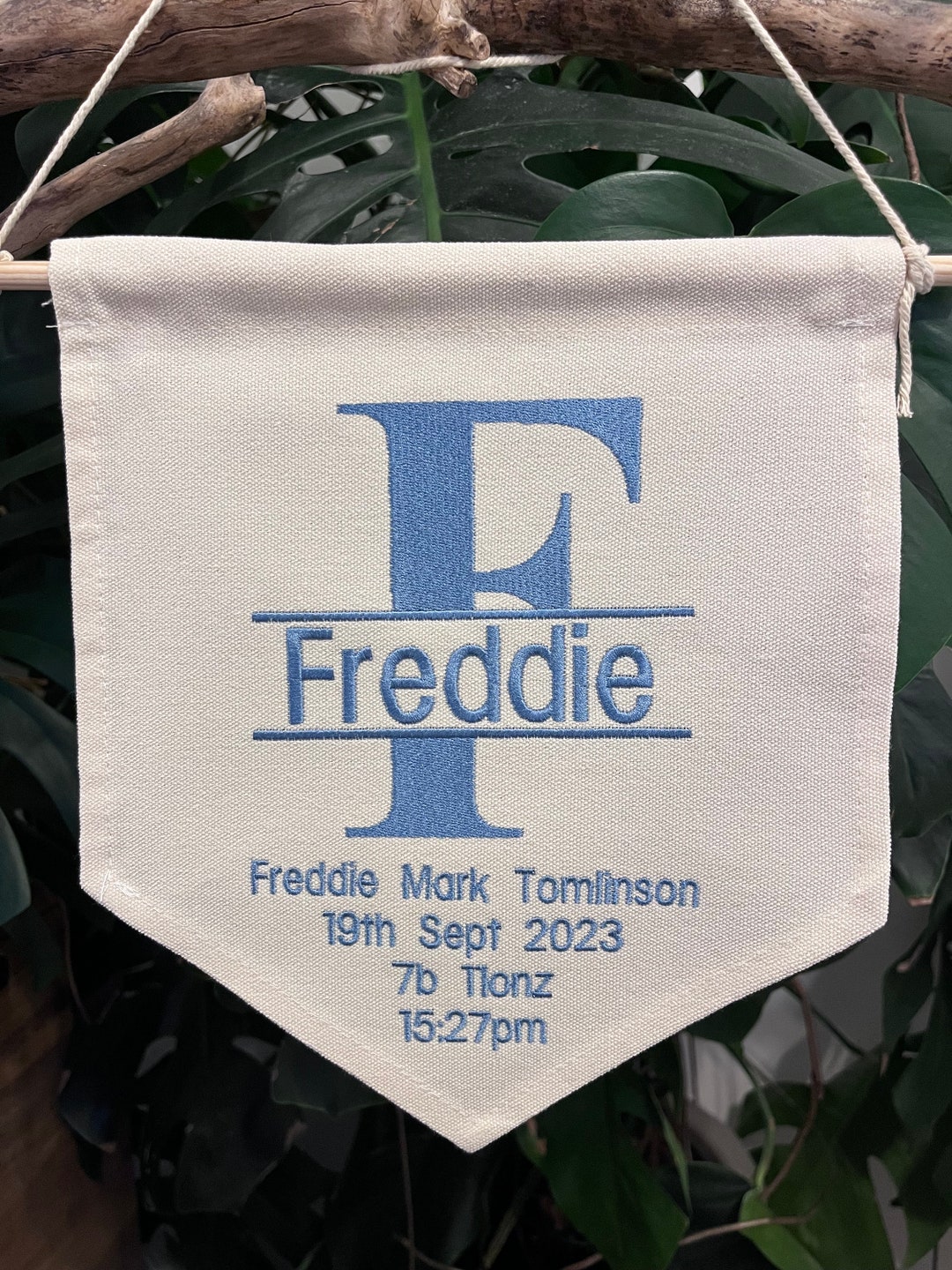 Embroidered Birth Announcement Pennant, Wall Hanging. Embroidered Split ...